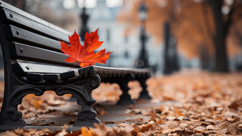 A Red Maple Leaf Sits on a Park Bench Stock Illustration - Illustration ...