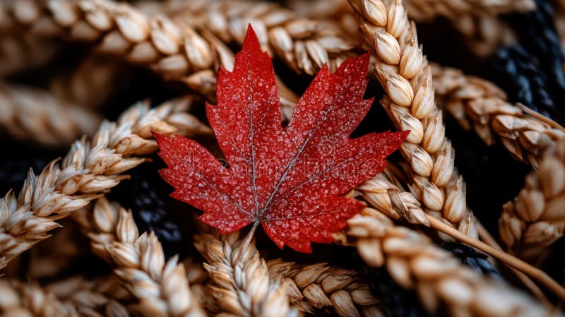 Red Maple Leaf on Wheat Stalks Displaying Autumn Harvest Theme ...