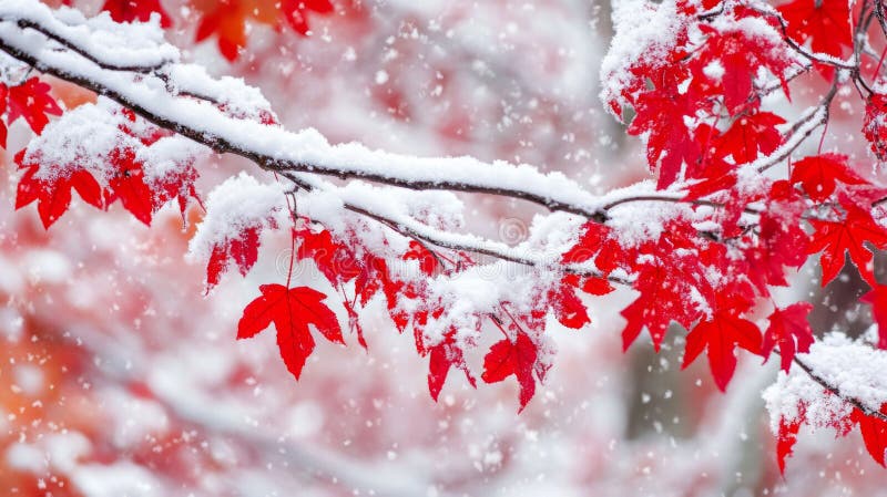 Red Maple Leaves Covered in Snow with Snow Falling Stock Illustration ...