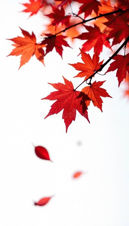 Red Maple Leaves Falling from a Bare Tree Branch on White Background ...