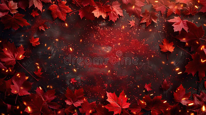 Red Maple Leaves Frame a Dark, Textured Background with Glowing ...