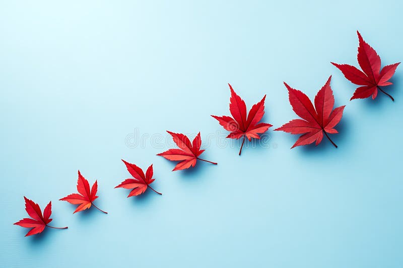 Red Maple Leaves in Gradient Sizes Arranged Diagonally on Light Blue ...
