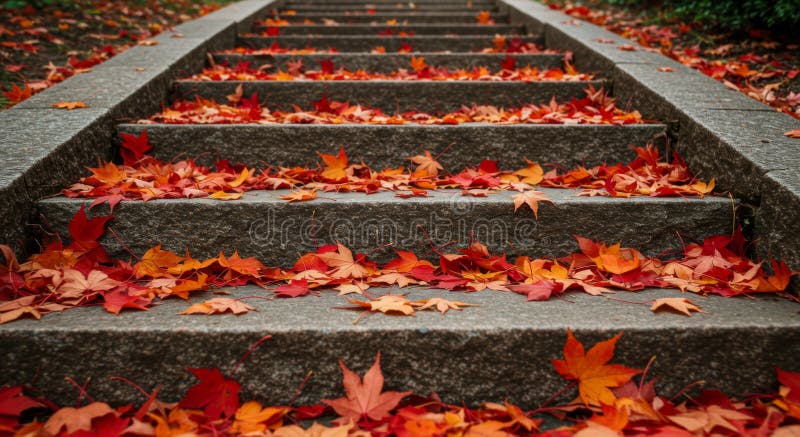 Red Maple Leaves on Stone Steps in Autumn Stock Illustration ...