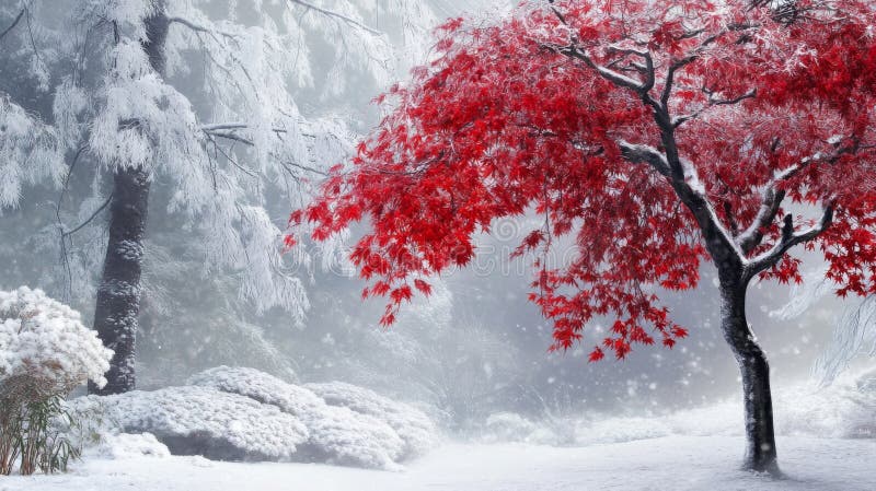 Red Maple Tree in a Snowy Winter Forest Stock Illustration ...