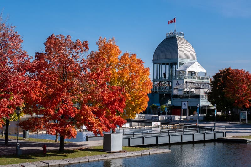 Red Maple Trees and Bonsecours Basin Pavilion in Autumn Editorial ...