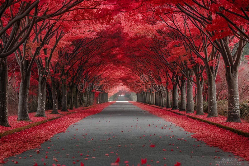 Red Maple Trees Lined Both Sides of the Road, with Red Leaves Falling ...