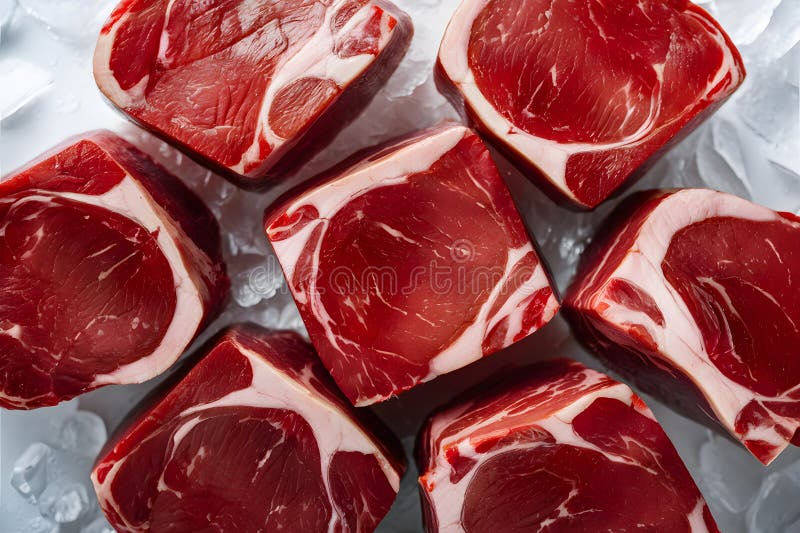 Red Marbled Meat Pieces on White Surface, Fresh and High Quality ...