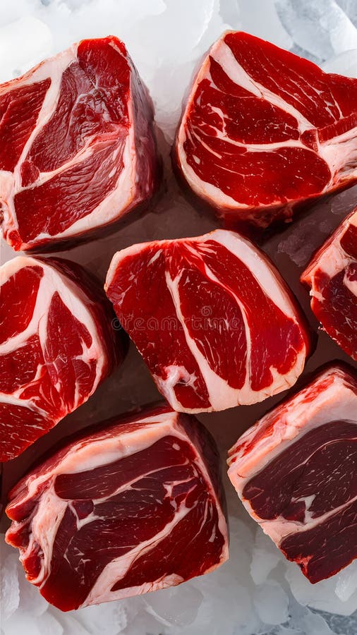 Red Marbled Meat Pieces on White Surface, Fresh and High Quality ...