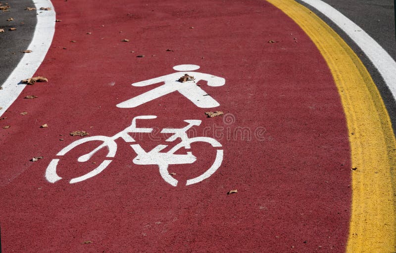 Red Marked Path for Pedestrians and Cyclists Stock Image - Image of ...