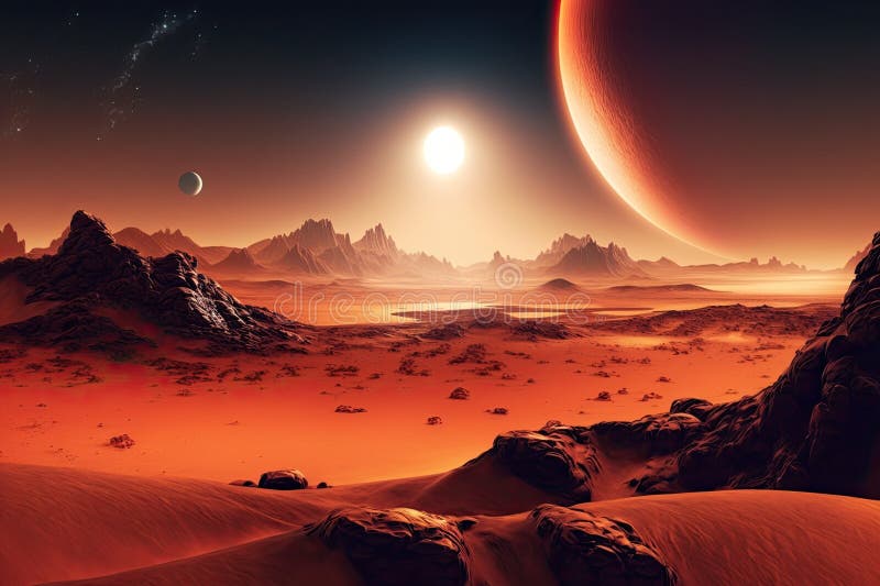Red Mars Landscape Illustration with Planets and Sun Stock Illustration ...
