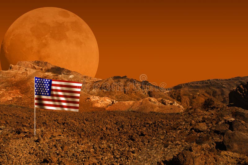 Red Mars Landscape. Planet Surface with US Flag Stock Photo - Image of ...