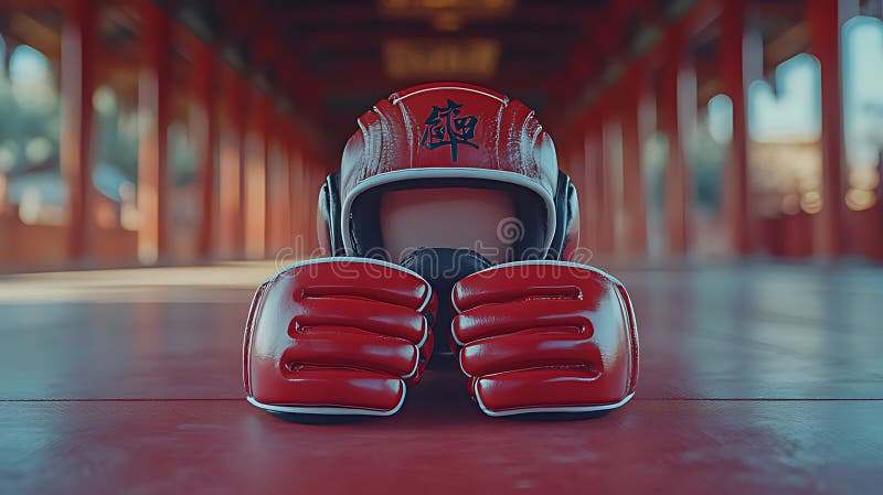Red Martial Arts Helmet and Gloves on Floor Stock Illustration ...