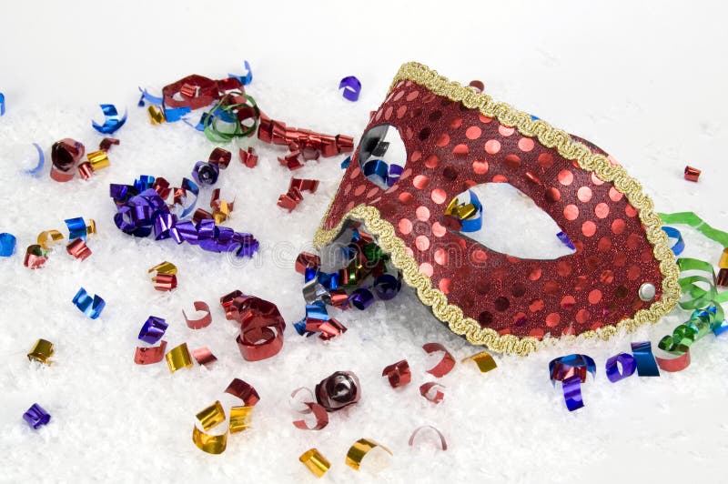 Red Carnival Mask with Confetti and Streamer Stock Photo - Image of ...
