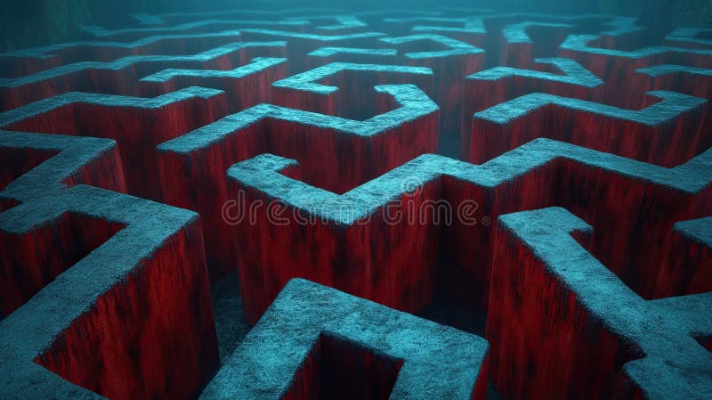 Red Maze Walls Emerging from a Blue Floor Creating a Complex Labyrinth ...
