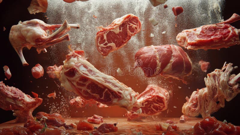 Red Meat Cuts Falling Dynamically Against Dark Background Stock ...