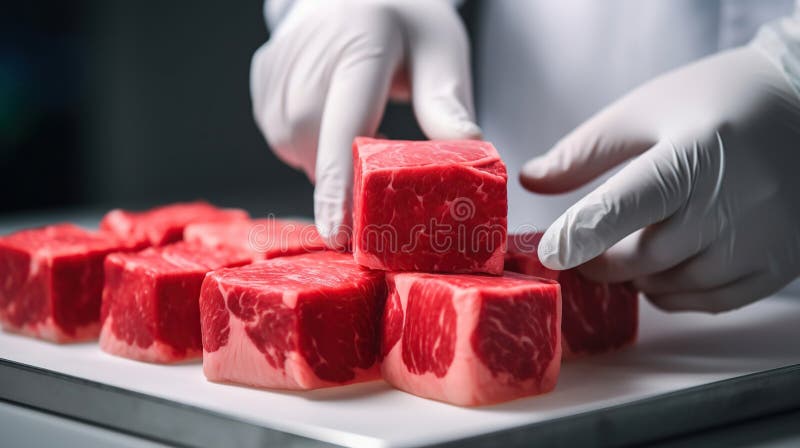 Red Meat in Lab Scientist Hands. Meat Inspection Control Check or ...