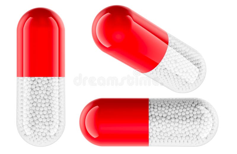 Red Medicament Capsules, Side and Front Views. 3D Rendering Stock ...