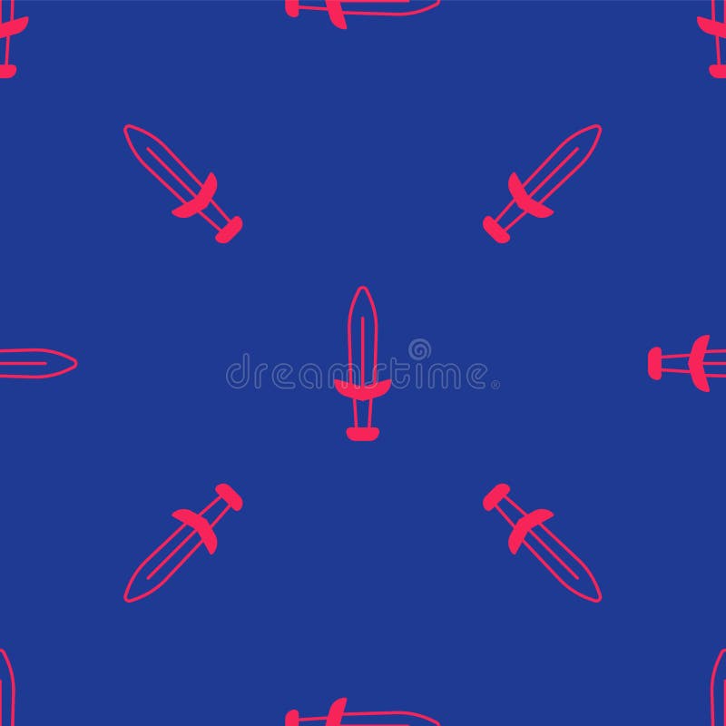 Red Medieval Sword Icon Isolated Seamless Pattern on Blue Background ...