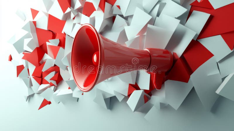 Red Megaphone Breaking through a Wall of White and Red Geometric Shapes ...