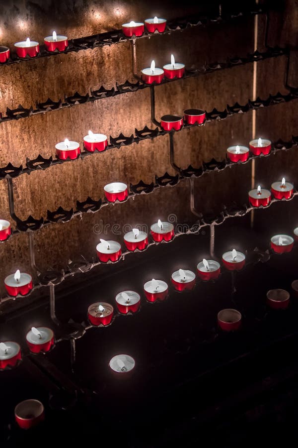 Red Memory Candles Burning in Chapel Stock Photo - Image of fire ...