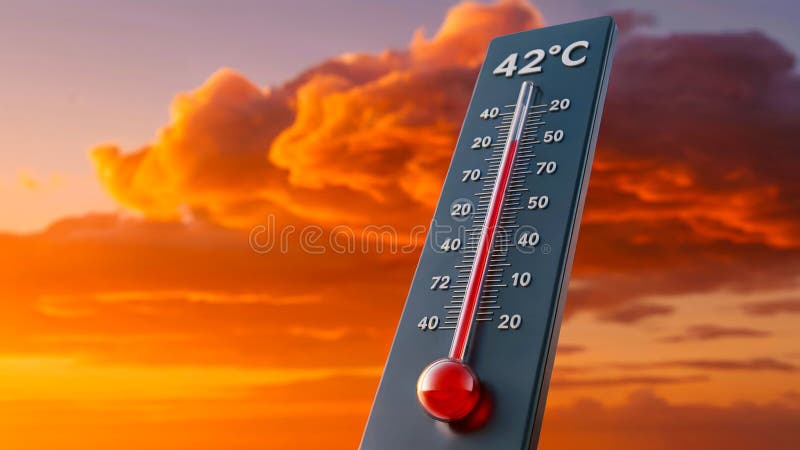 Red Mercury Rising in Celsius Thermometer Against a Backdrop of Sunset ...