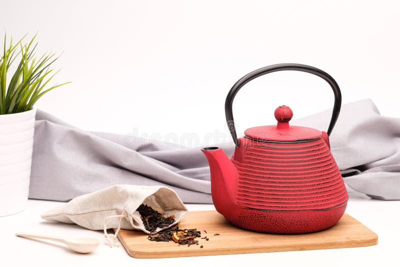 Red Metal Cast-iron Teapot on a White Background. Stock Image - Image ...