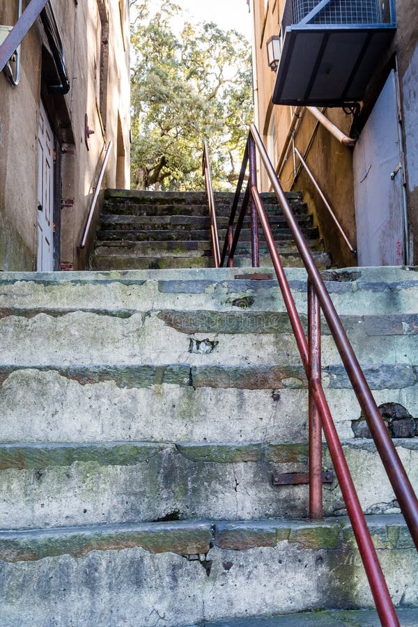 Red Metal Railing Up Old Concrete Steps Stock Image - Image of exterior ...