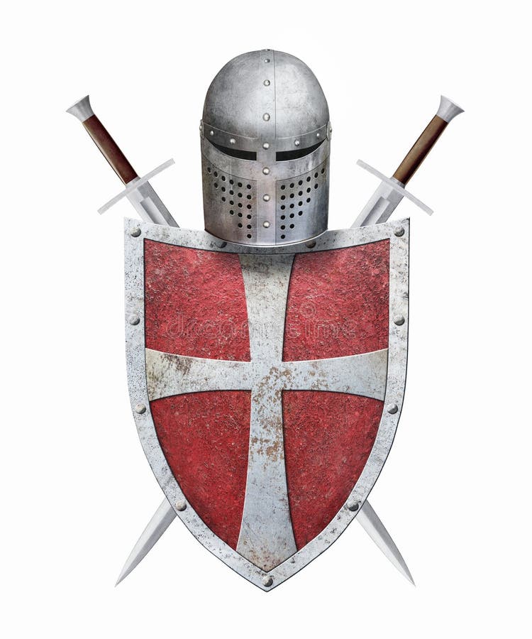 Red Metal Shield Helmet and Two Swords on White Stock Photo - Image of ...