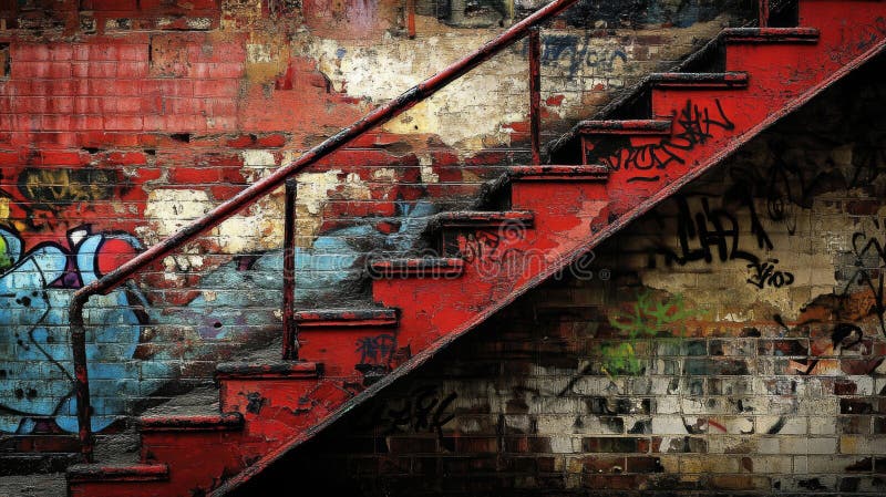 Red Metal Stairs Against Graffiti Brick Wall Stock Illustration ...