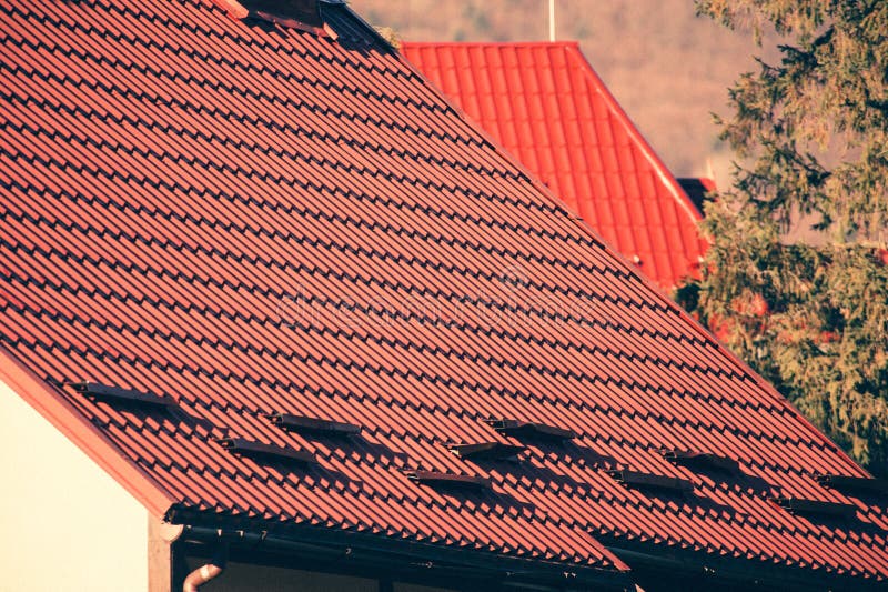 Red Metal Tiles Roof Closeup Stock Image - Image of construction, tile ...