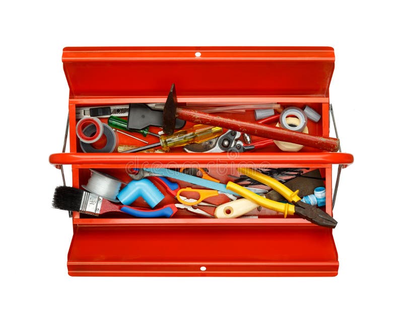 Red Metal Tool Box with Tools on White Background. Stock Image - Image ...