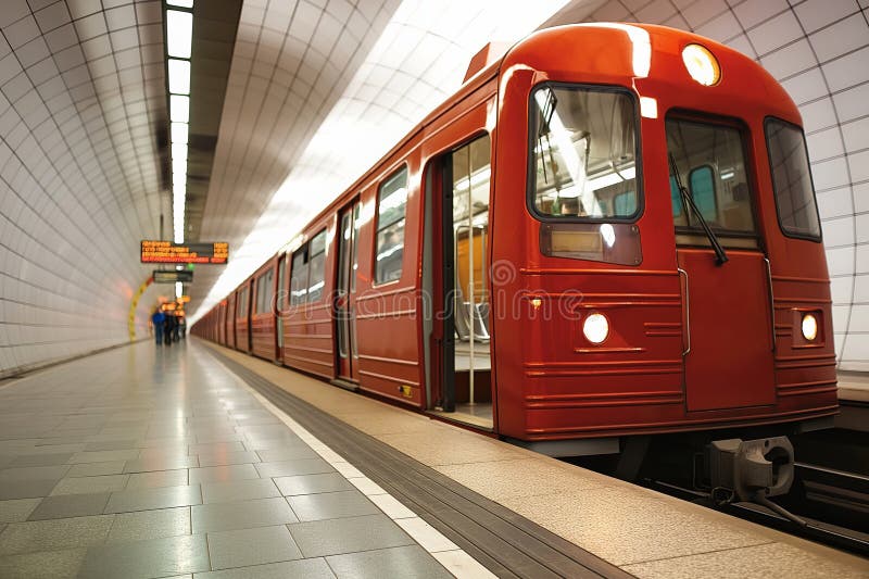 Red Metro Train at Underground Station with Orange Lights Stock Image ...