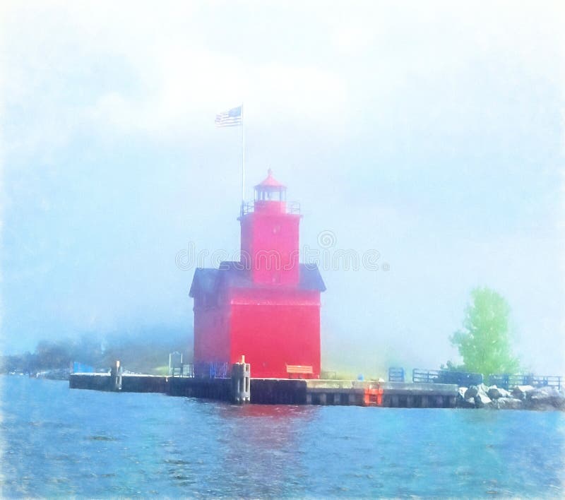 Michigan Red Lighthouse with Sailboat Stock Photo - Image of light ...
