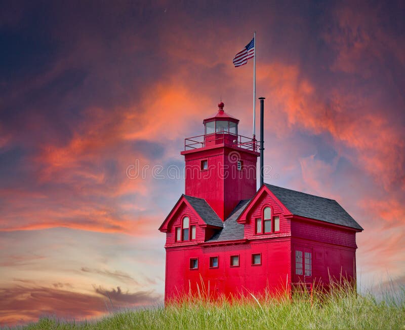 Michigan Red Lighthouse with Sailboat Stock Photo - Image of light ...