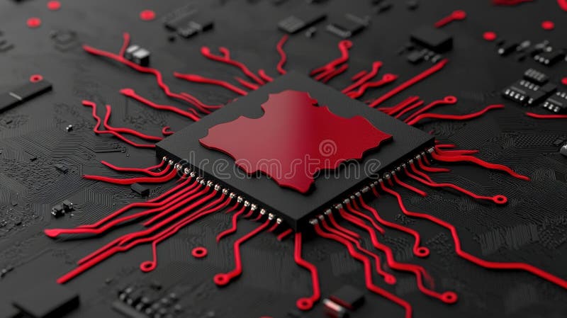 Red Microchip with Circuit Connections on a Dark Background Stock ...