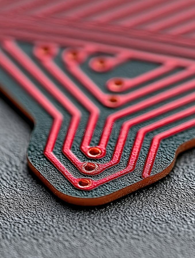 Red Microchip Path in Extreme Closeup Showcasing Nano Circuit Ridges in ...