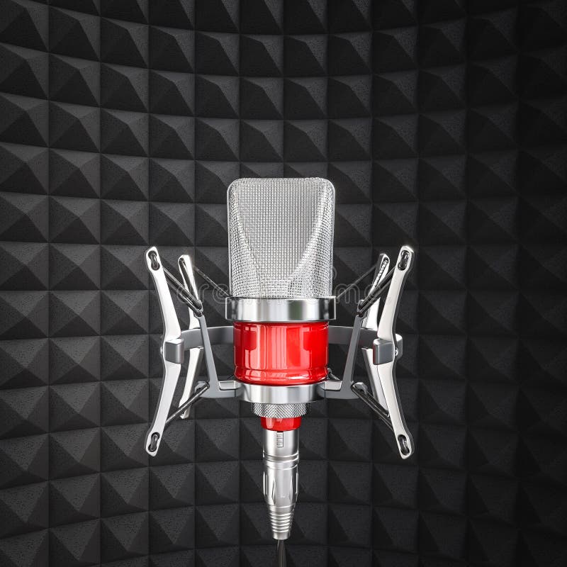 Red Microphone Hanging in a Soundproof Recording Studio Stock ...