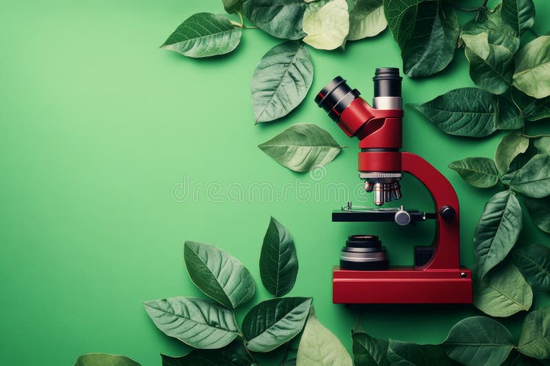 Red Microscope on Green Leafy Background for Scientific Research and ...