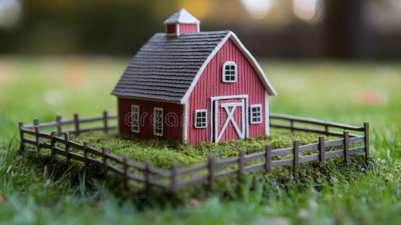 Red Miniature Barn on Green Grass with Fence Stock Illustration ...