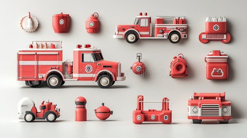 Red Miniature Fire Trucks and Safety Equipment Arranged on a White ...