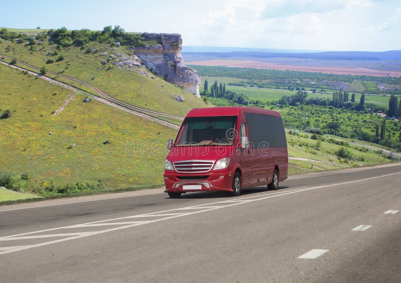 Red Minibus Moves on a Road in the Mountains Stock Image - Image of ...