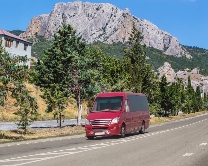 Minibus Moves Along a Suburban Highway Stock Image - Image of outdoor ...