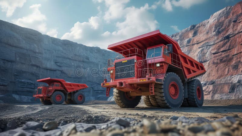Red Mining Dump Trucks Working in Coal Mine Quarry Stock Image - Image ...