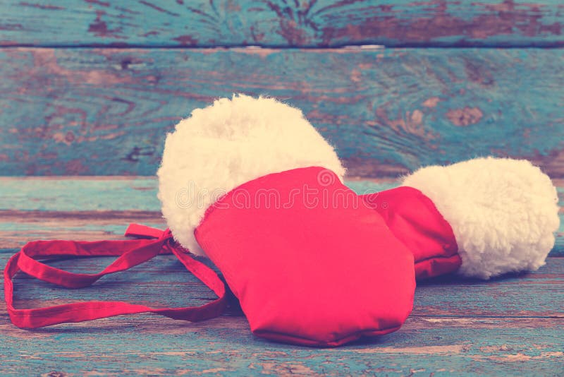Red Mittens with Fur on Wooden Boards. Stock Image - Image of clothing ...