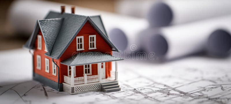 The Red Model House with Blueprints Illustrating Architectural Plans ...