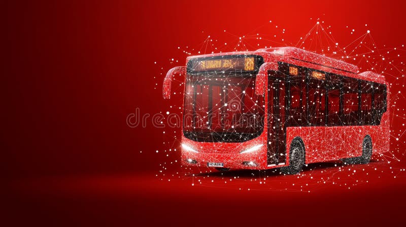 Red Modern Electric Bus with Network 3D Illustration Connected Points ...
