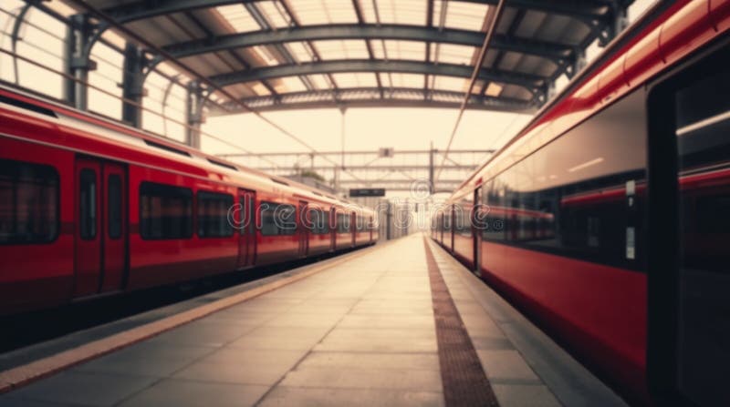 Red Modern Passenger Trains Standing at Empty Platform in Railway ...