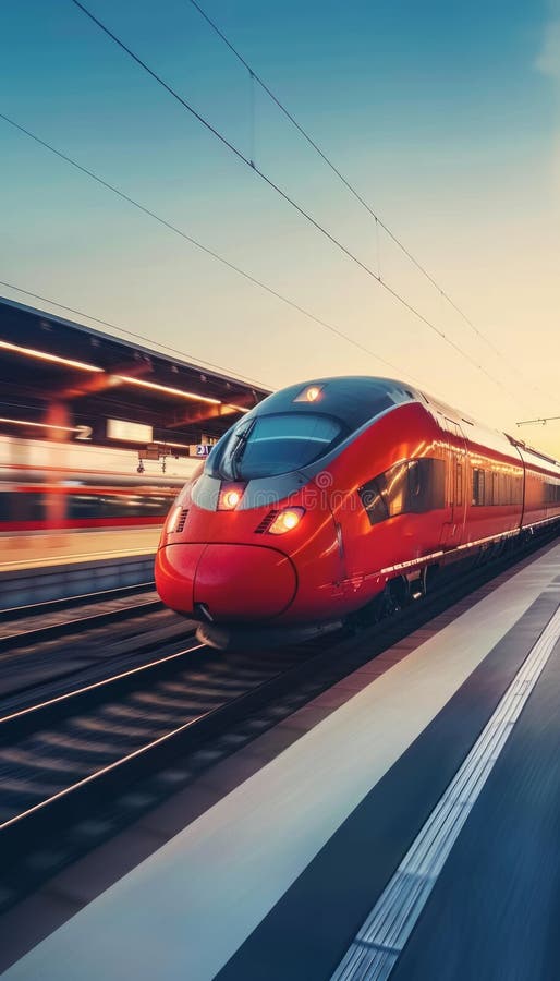 A Red Modern Passenger Transportation Train on the Railway Station is ...