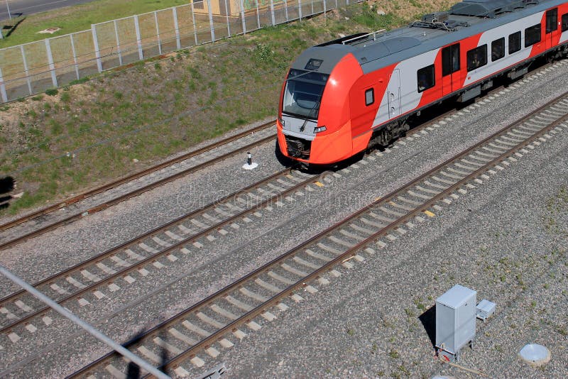 Red train on a railway stock image. Image of trip, movement - 116673549