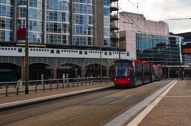 Red Modern Tram at Station. Public Transport Stock Image - Image of ...